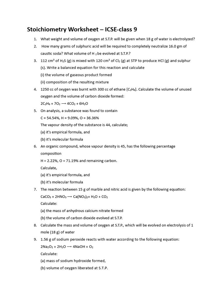 Stoichiometry Worksheet | PDF