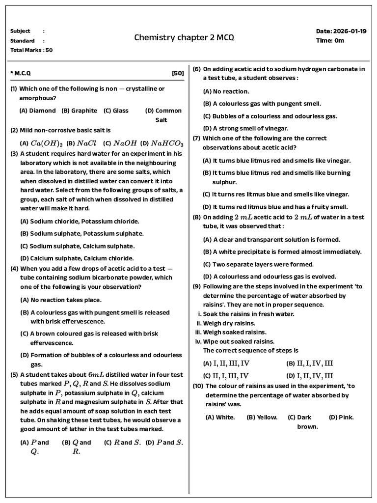 Chemistry MCQs for Chapter 2 Exam | PDF | Acid | Salt (Chemistry)