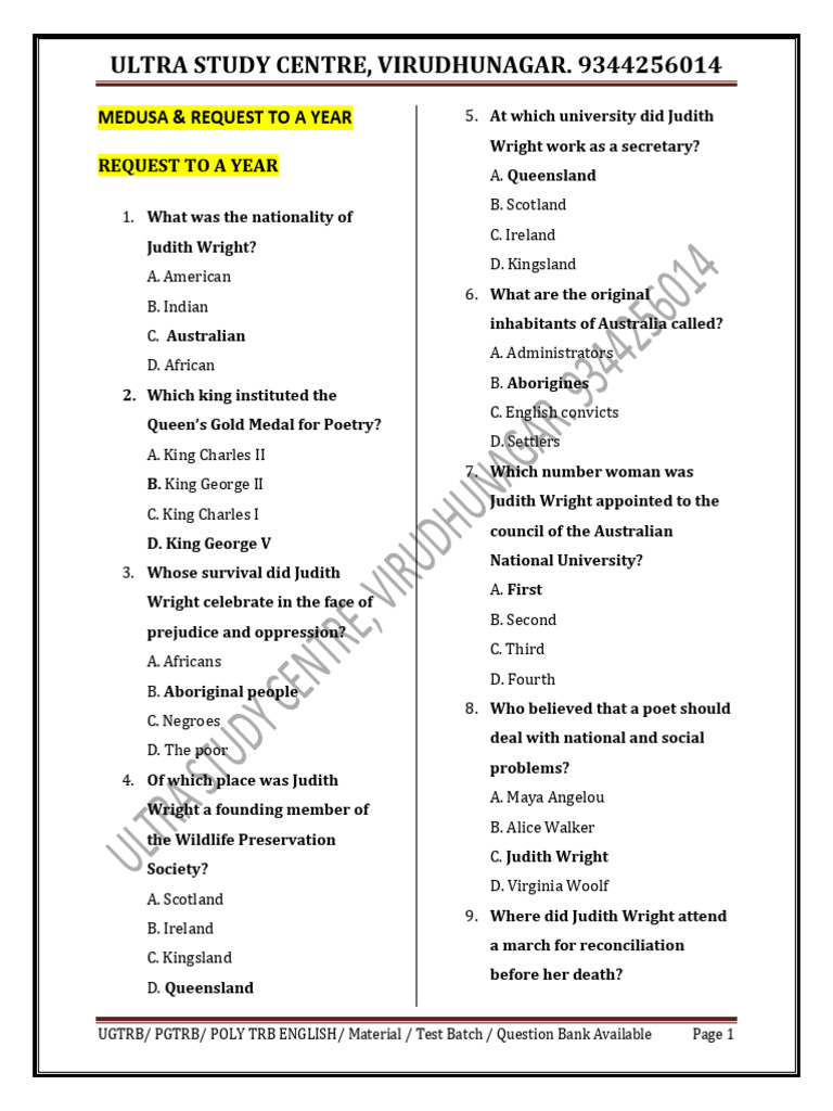 Judith Wright & Sylvia Plath Poetry Quiz | PDF