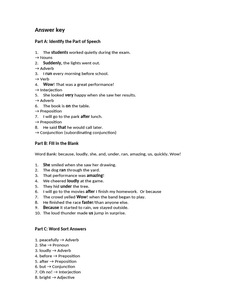 Parts of Speech Answer Key Guide | PDF