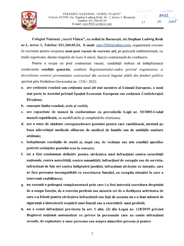 Anunt Secretar Sef Cnav | PDF