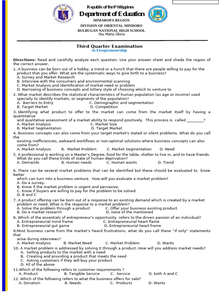 Entrepreneurship Exam Questions Guide | PDF | Entrepreneurship ...