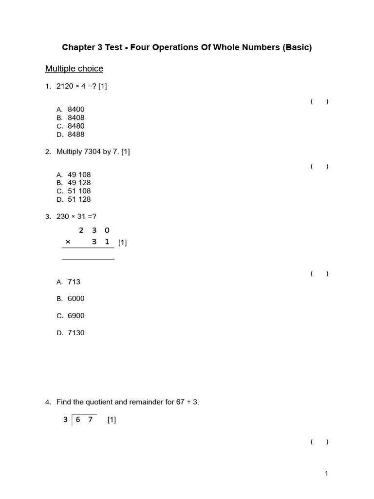 Basic Whole Number Operations Test | PDF | Chess | Chess Theory
