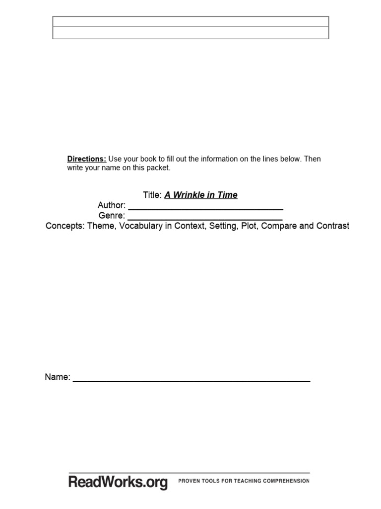 6th Grade A Wrinkle in Time Unit Guide | PDF