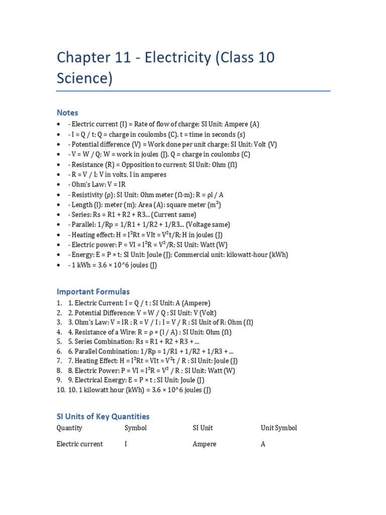 Class 10 Electricity Notes and Formulas | PDF