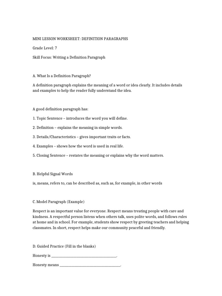 Definition Paragraph Writing Guide | PDF