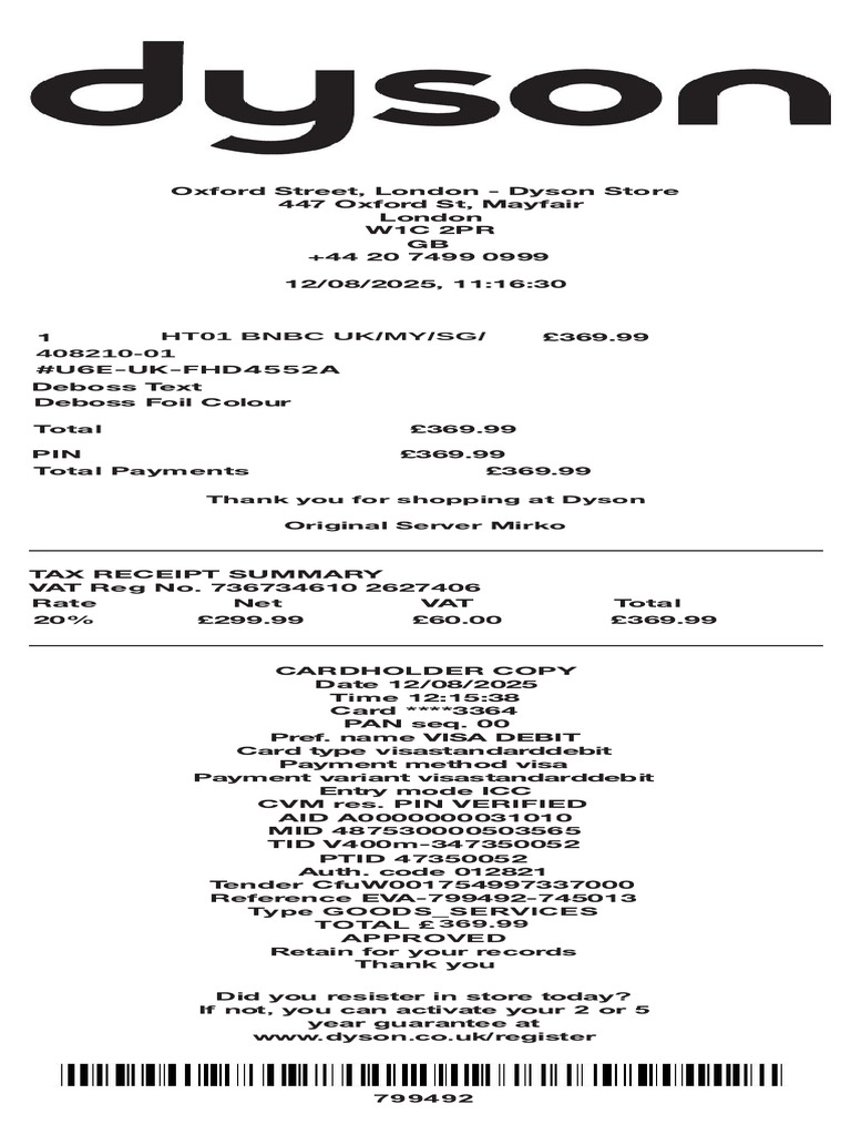 Dyson Store Receipt - Oxford Street | PDF