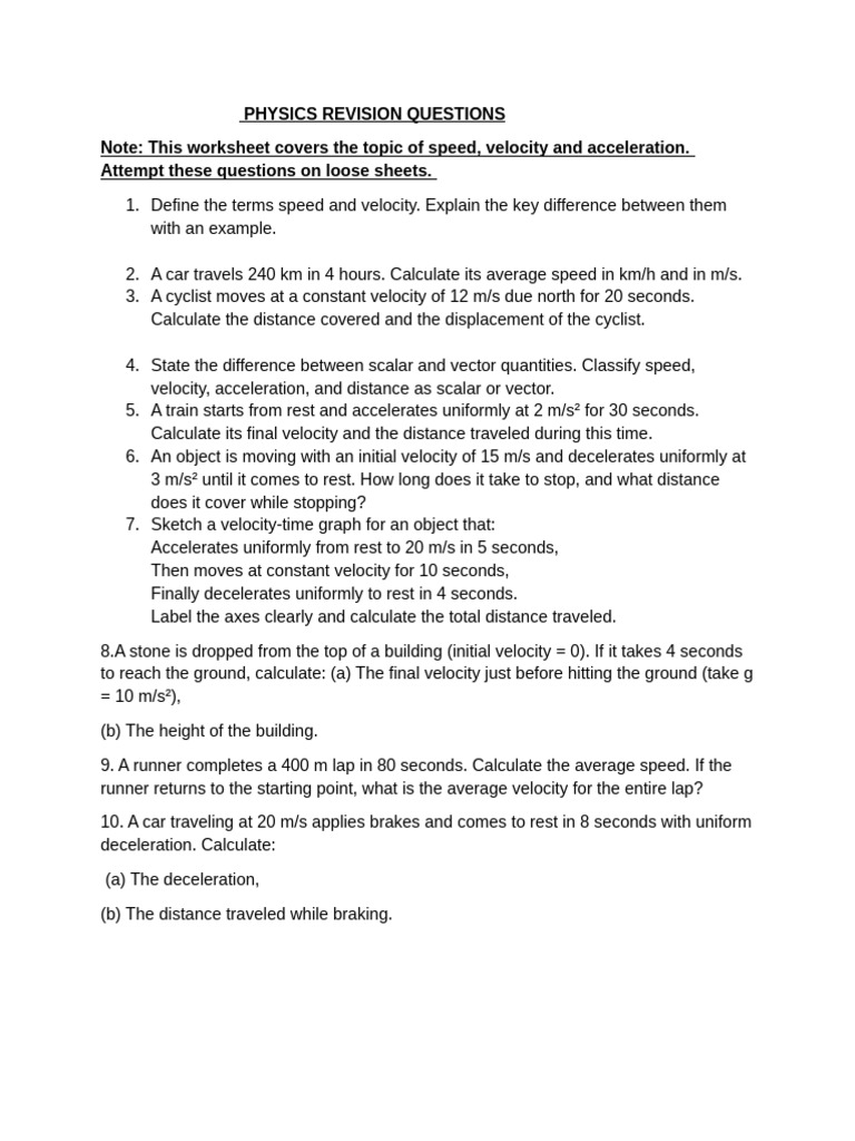 Physics Questions on Speed and Acceleration | PDF