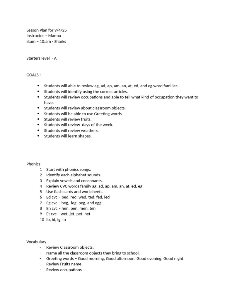 9/4/25 Lesson Plan: Sharks Class | PDF