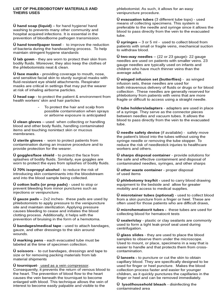 Essential Phlebotomy Supplies List | PDF | Blood Plasma | Coagulation