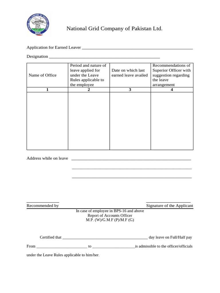 National Grid Pakistan Leave Application Form | PDF