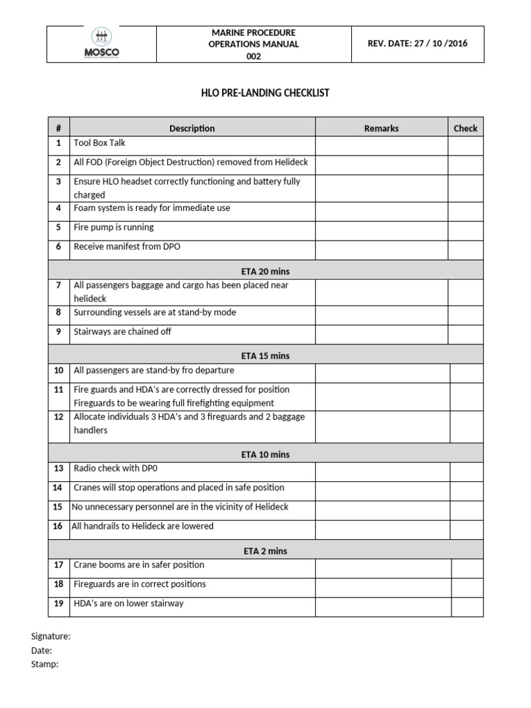 HLO Pre-Landing Checklist for Helideck | PDF