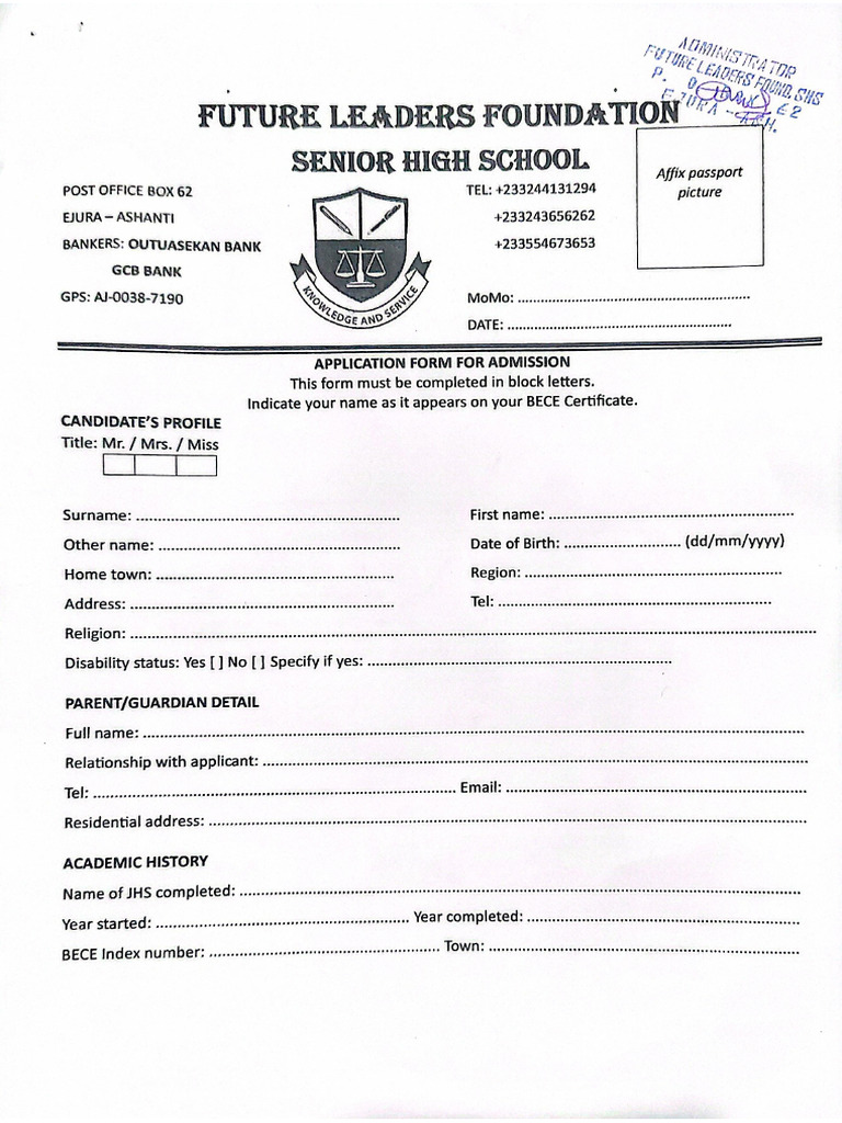 Future Leaders SHS Admission Application Form | PDF