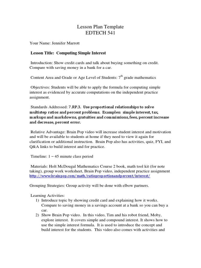 Simple Interest Lesson EDTECH 541 | PDF | Lesson Plan | Educational ...