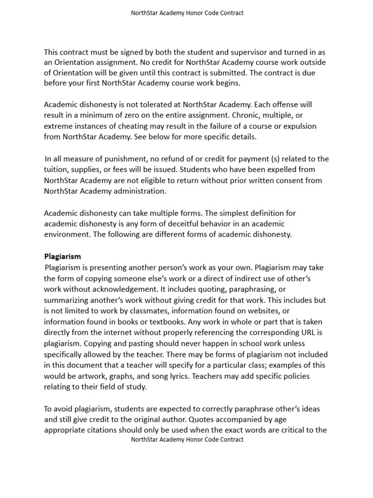 NorthStar Academy Honor Code Agreement | PDF | Academic Dishonesty ...