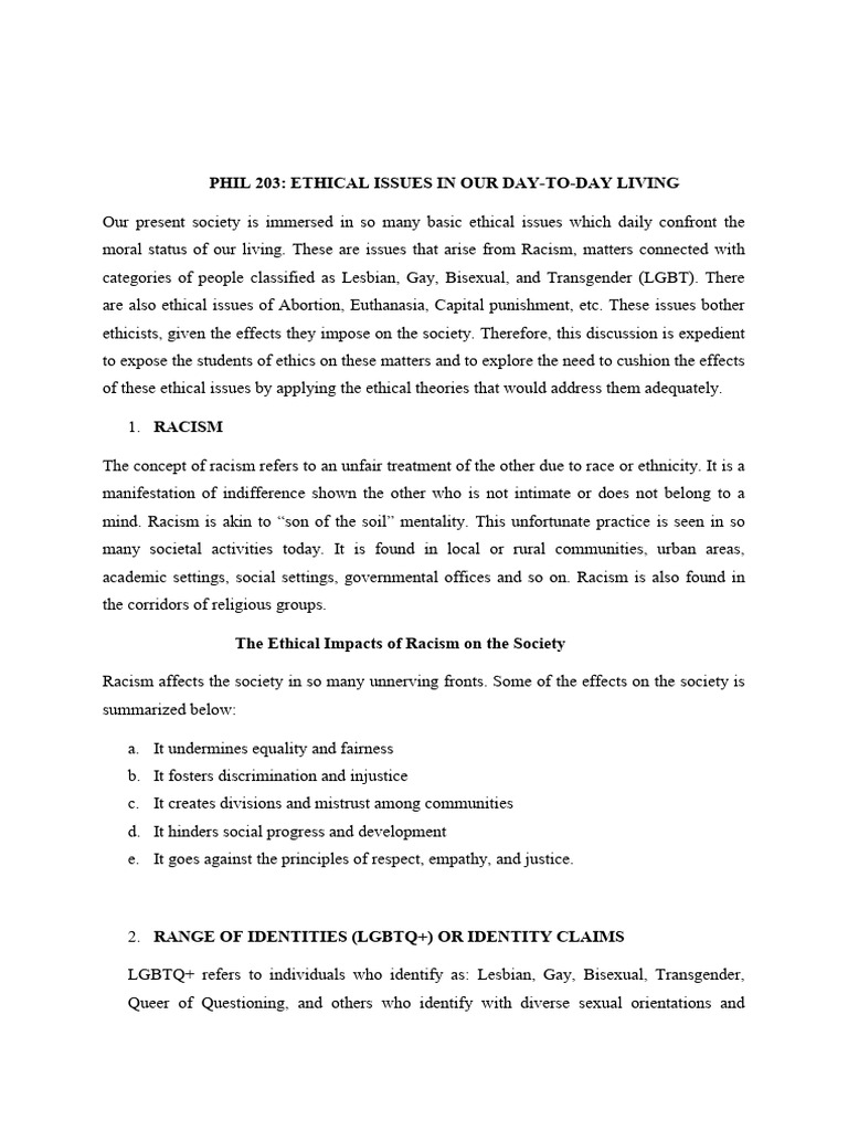 Ethical Issues in Daily Life: Racism & LGBTQ+ | PDF | Sexual ...