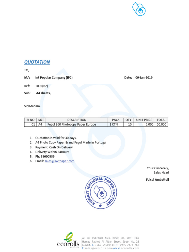 A4 Photocopy Paper Quotation - Kuwait | PDF