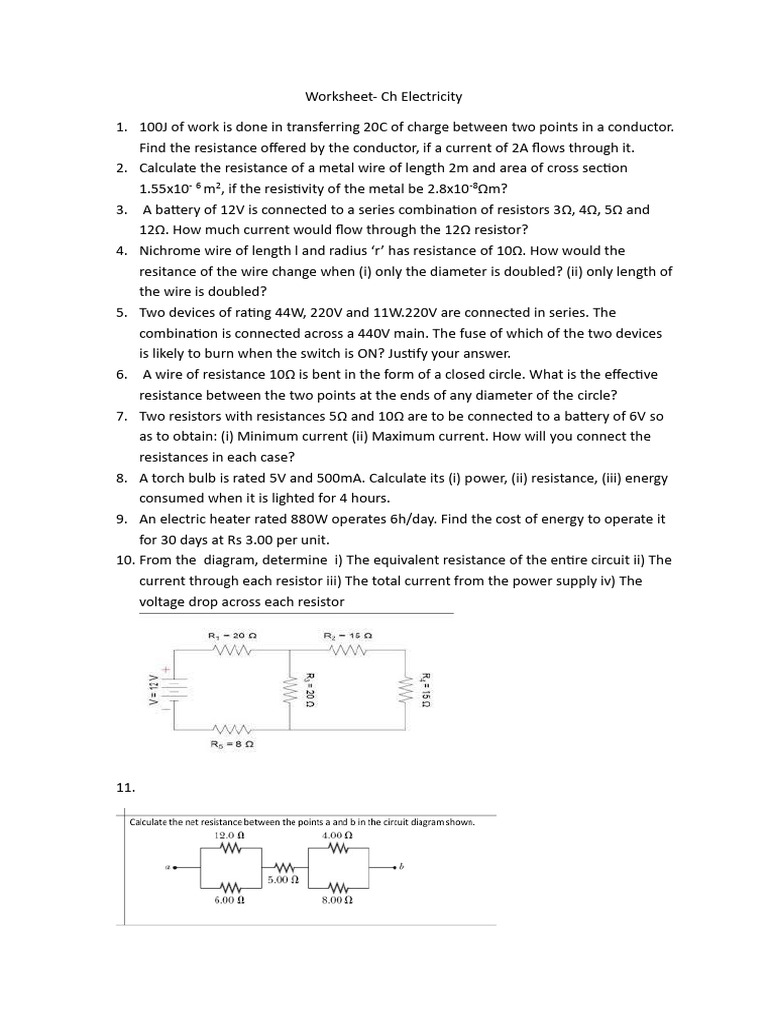 Electricity Worksheet: Resistance & Current Calculations | PDF