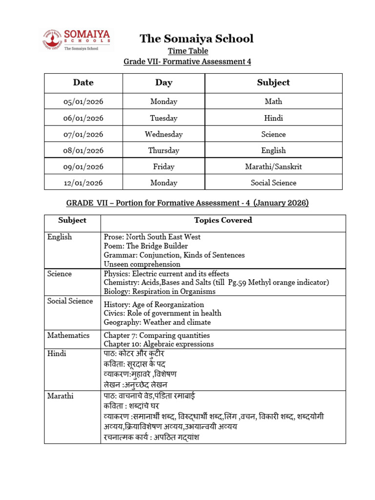 Grade VII Formative Assessment 4 Timetable | PDF