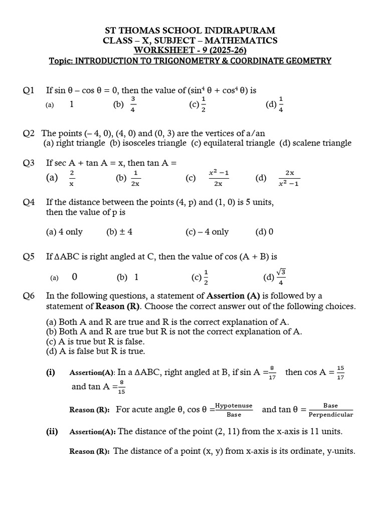 Trigonometry & Geometry Worksheet Class X | PDF | Triangle ...