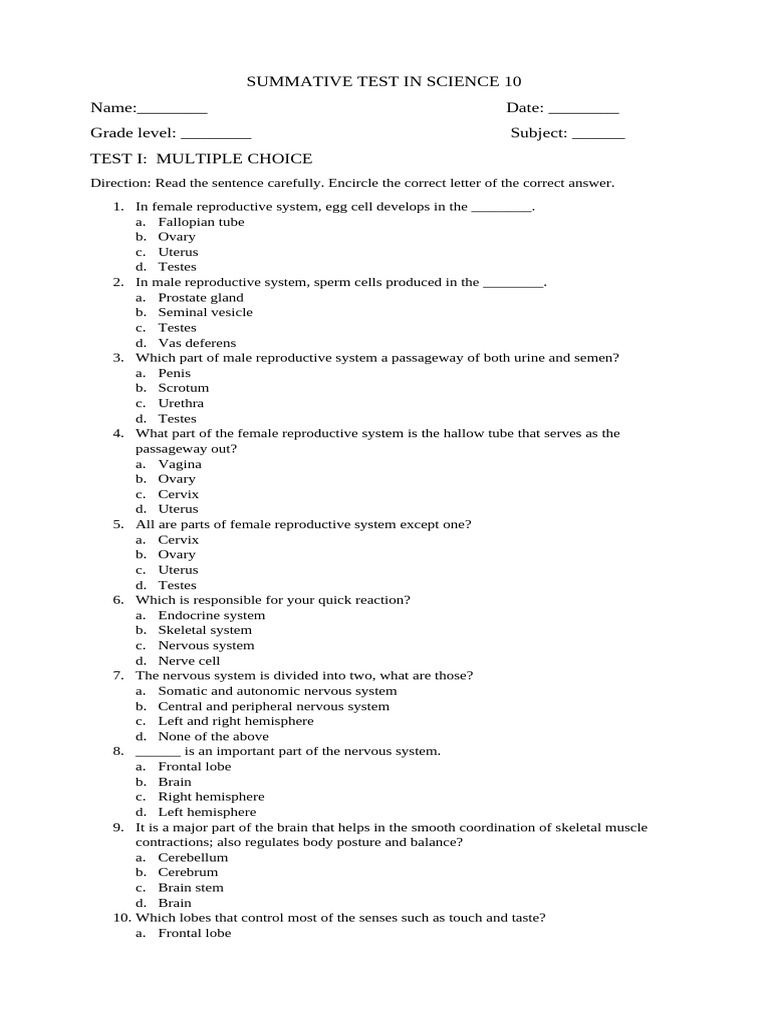 Science 10 Summative Test Questions | PDF | Rna | Reproductive System