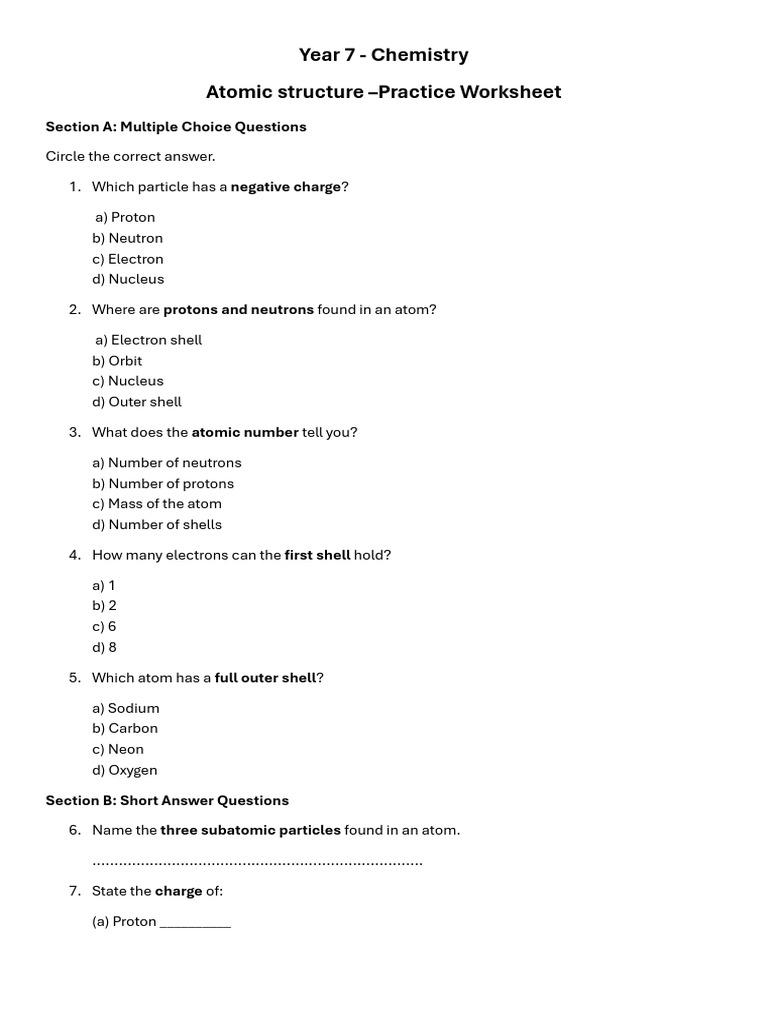 Year 7 Chemistry: Atomic Structure Worksheet | PDF | Atoms | Electron