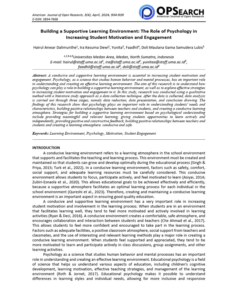Building A Supportive Learning Environment The Rol | PDF | Motivational ...