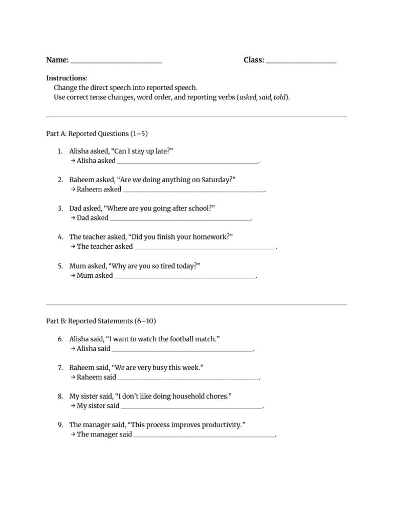 Reported Speech Practice Worksheet | PDF