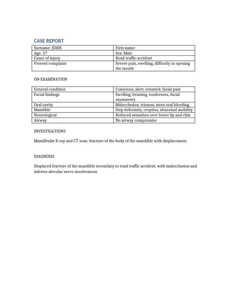 Displaced Mandibular Fracture Case Report | PDF