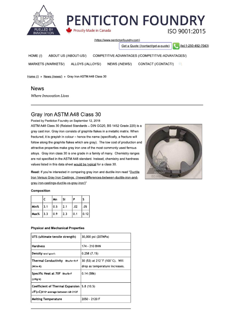Gray Iron ASTM A48 Class 30 Data Sheet - Penticton Foundry@ | PDF | Iron