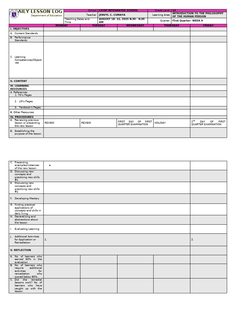 Grade 12 Daily Lesson Log: Philosophy | PDF | Learning | Cognition