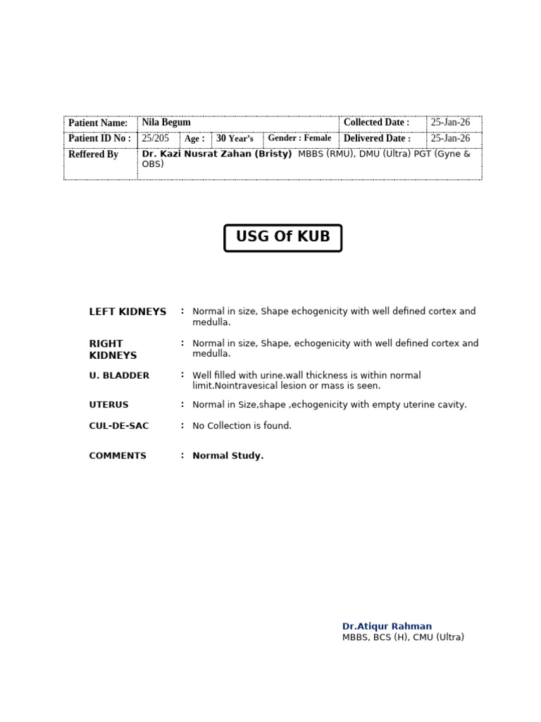 Normal USG Report for Nila Begum | PDF