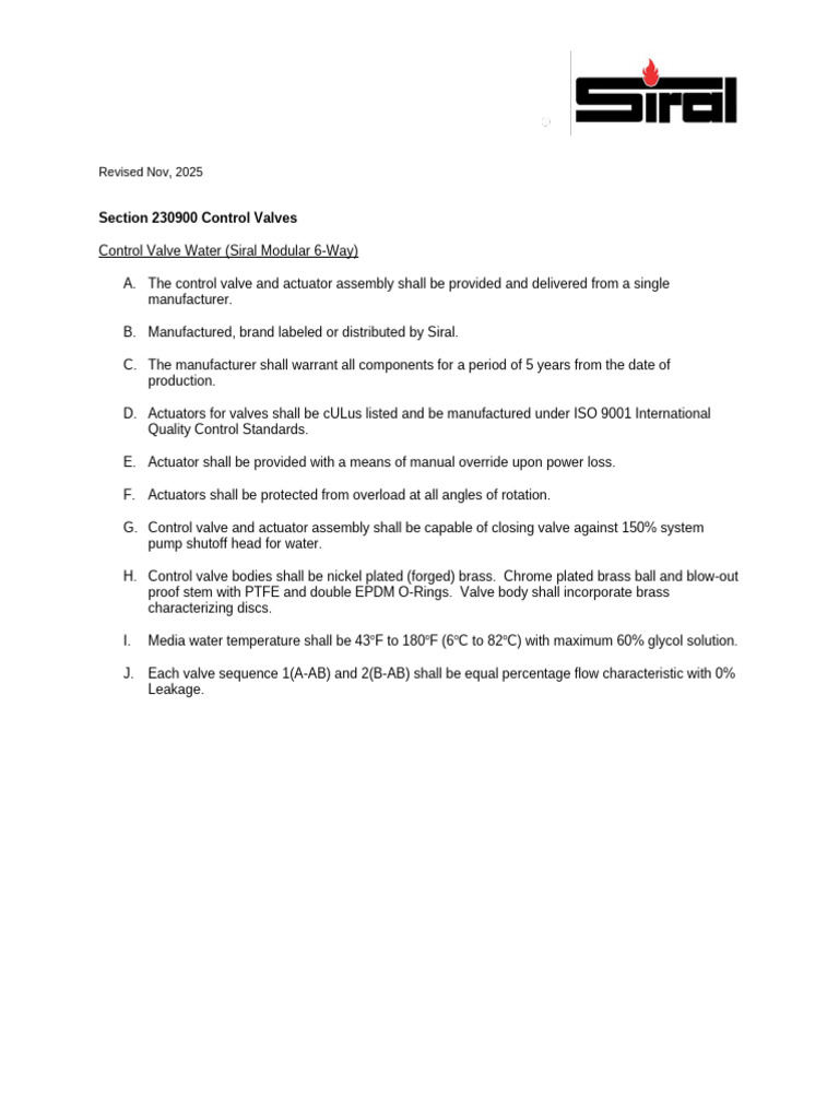 Siral 6-Way Control Valve Specifications | PDF