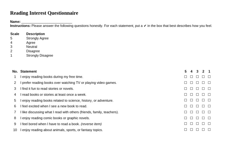 REVISE Reading Interest Questionnaire | PDF