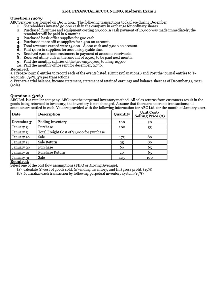 Midterm Exam: Financial Accounting 210E | PDF | Inventory | Cost Of ...