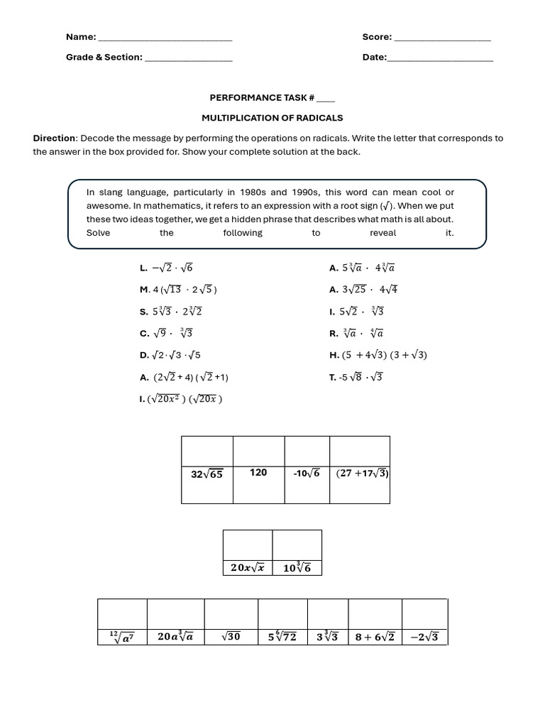 Decode Radical Multiplication Task | PDF
