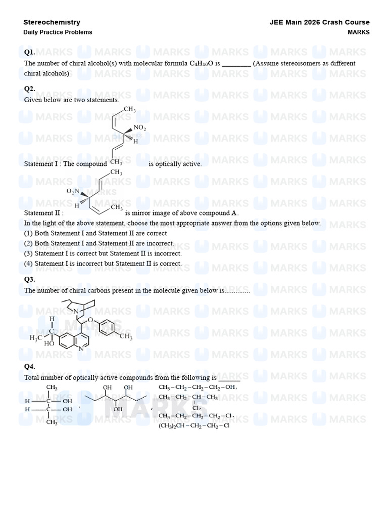 Stereochemistry Practice Problems for JEE | PDF | Chirality (Chemistry ...