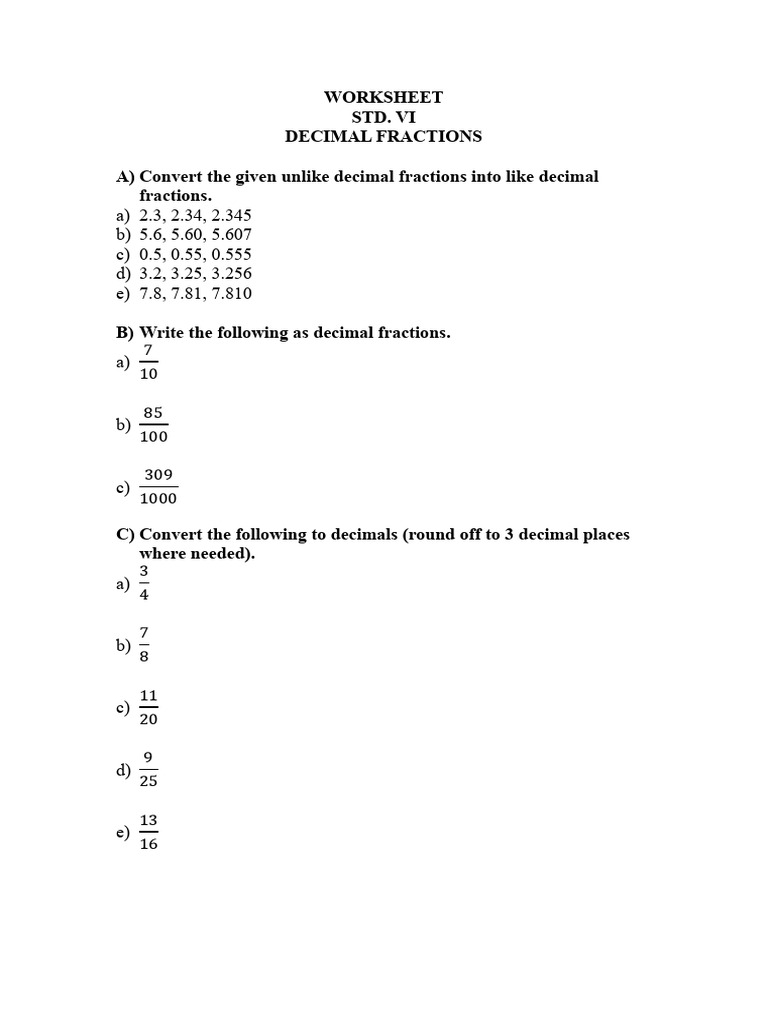 Decimal Fractions Worksheet | PDF