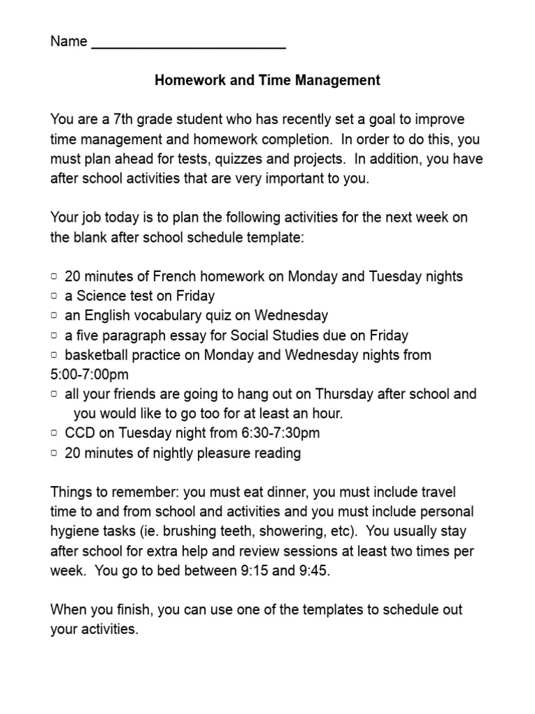 7th Grade Homework Schedule Template | PDF