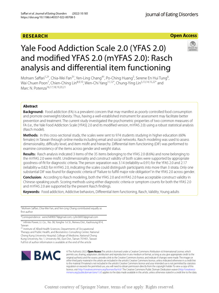 Yale Food Addiction Scale 20 YFAS 20 and Modified | PDF | Mental ...