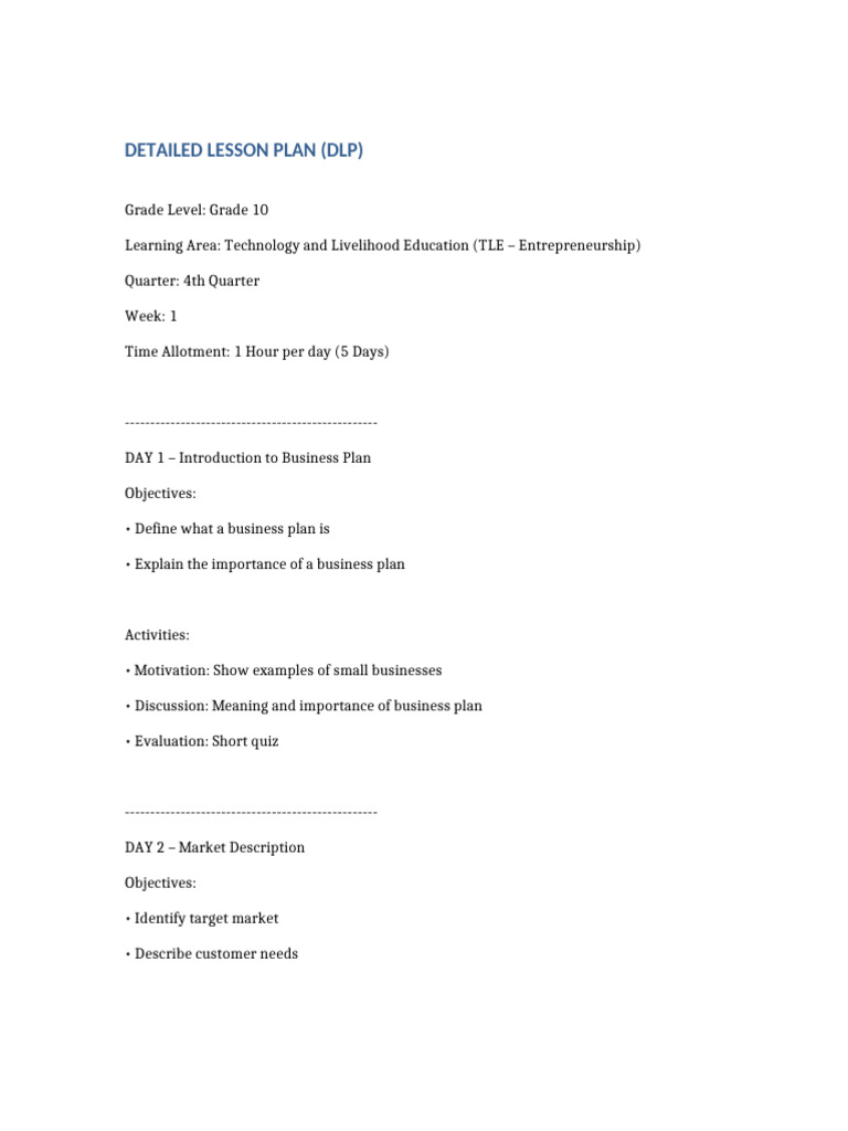 Grade 10 Business Plan Lesson Plan | PDF