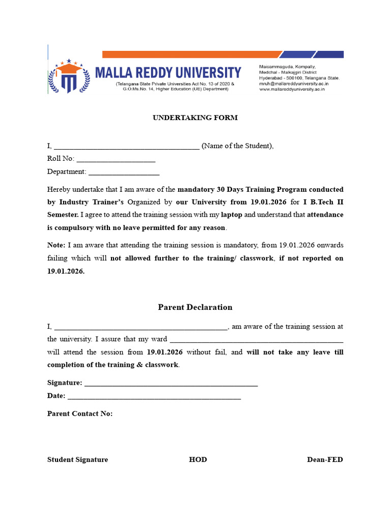 Mandatory Training Program Undertaking Form | PDF