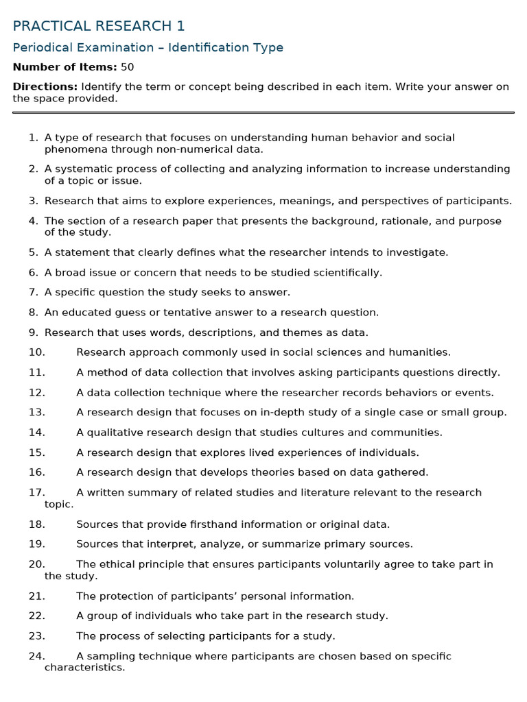 Research Terminology Identification Quiz | PDF | Qualitative Research ...