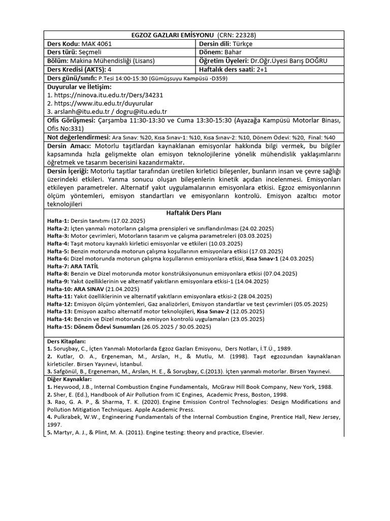 MAK 4061 Egzoz Gazlari Emisyonu TR 2024 2025 Spring Syllabus | PDF