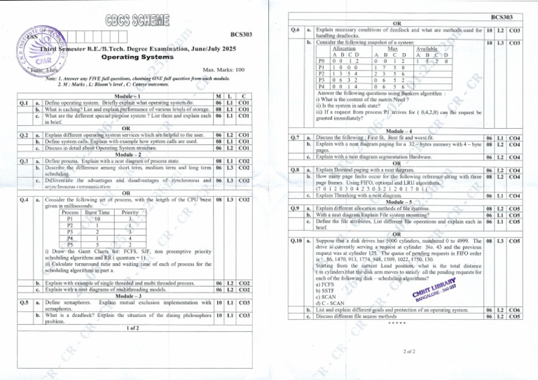 VTU Question Paper of BCS303 Operating Systems June - July-2025 | PDF