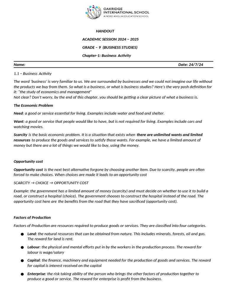 Business Studies Overview for Grade 9 | PDF | Franchising | Employment