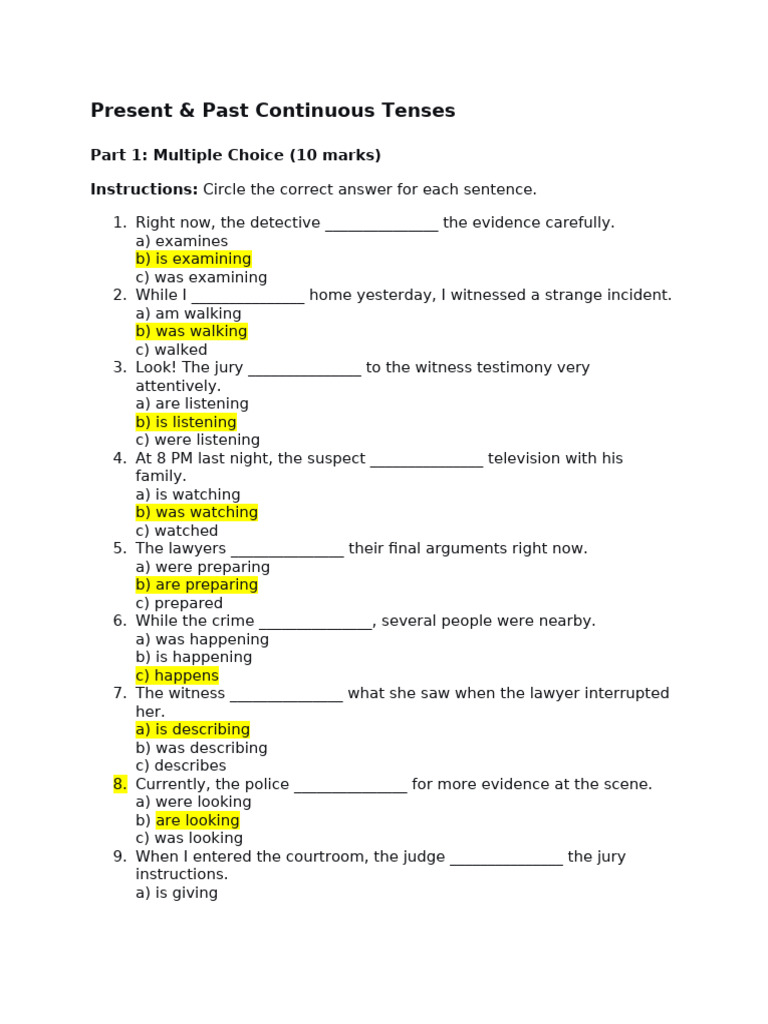 Present and Past Continuous Tenses Quiz | PDF | Witness | Courtroom