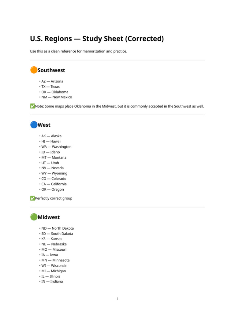 U.S. Regions Study Sheet Guide | PDF