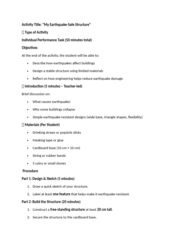 Earthquake-Resistant Structure Activity | PDF