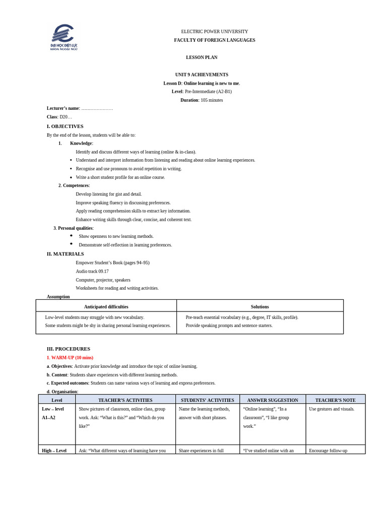 Online Learning Lesson Plan for A2-B1 | PDF | Educational Technology ...